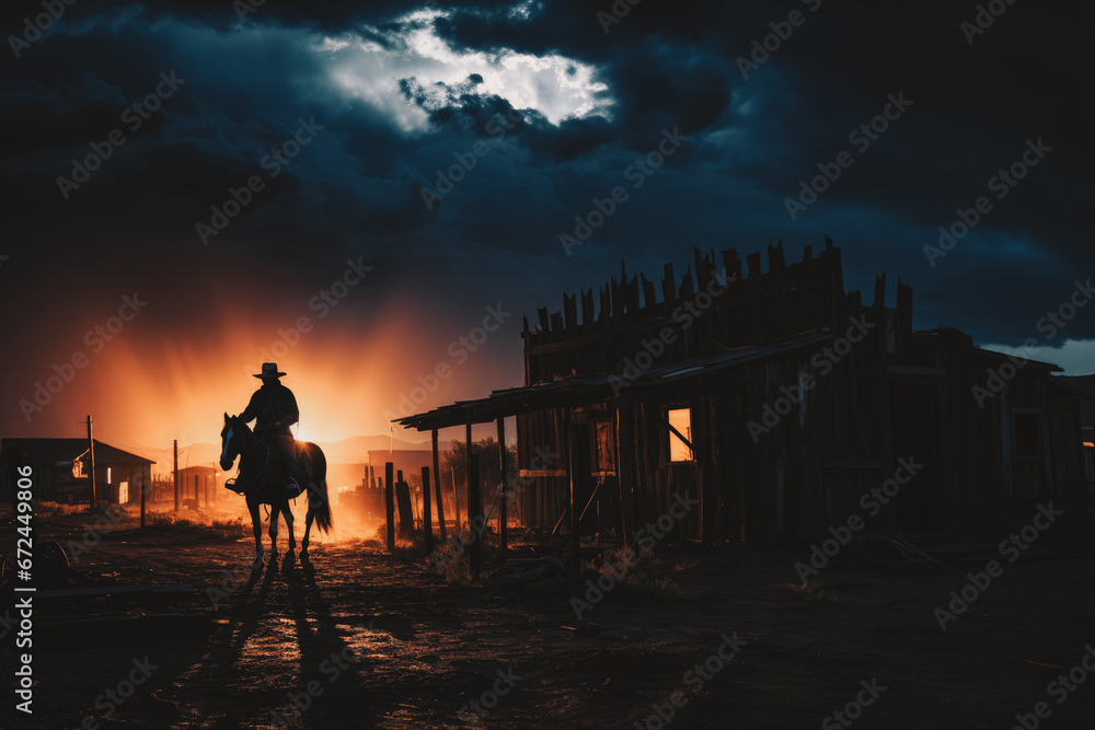 Cowboy Riding through ghost town under stormy clouds Stock Photo ...