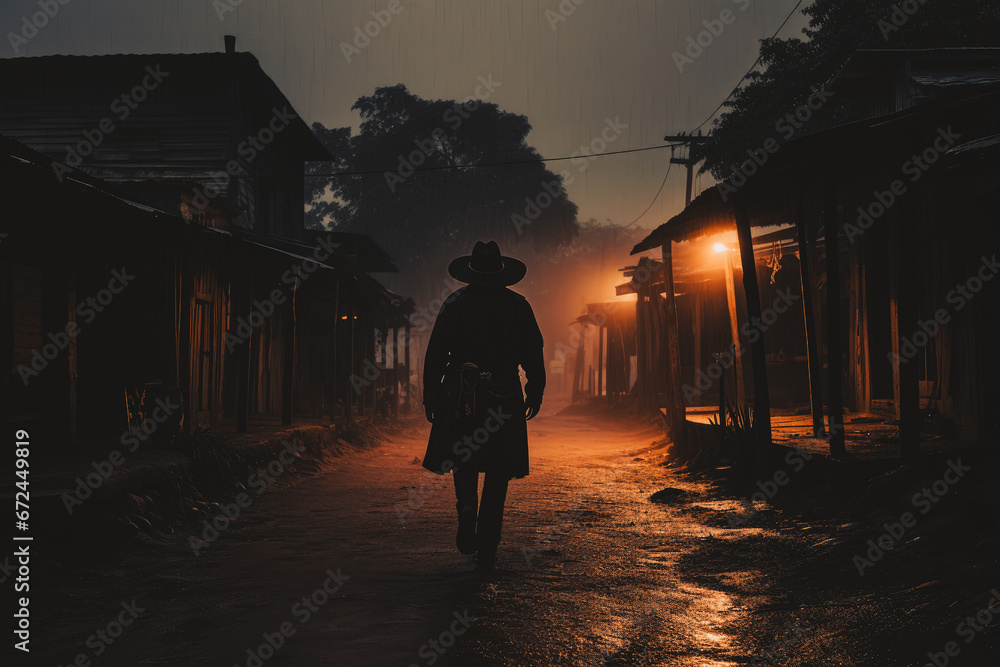 Cowboy walks through the Vintage Western Town at Rainy Night Stock ...