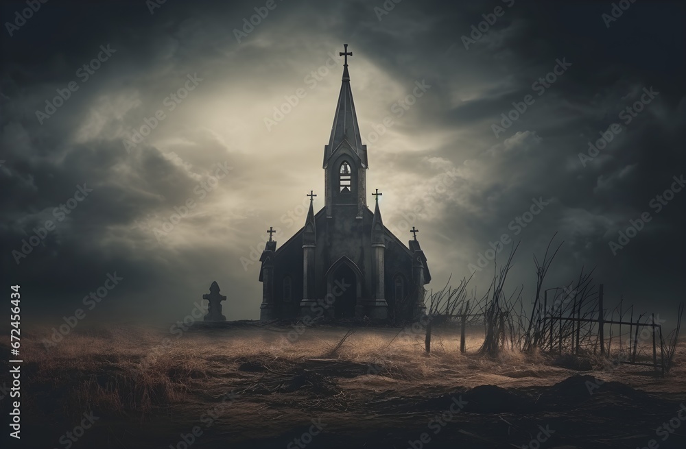 Gothic abandoned dark church exterior. Mystic, horror, surreal ...