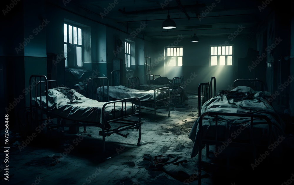 Dim light shining in a ghostly old hospital interior room with ...
