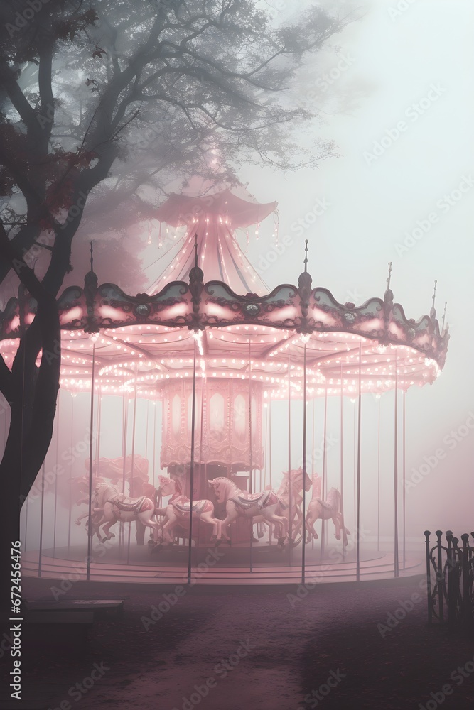 Creepy, Abandoned and Haunted Amusement Park, pink horror carousel ...