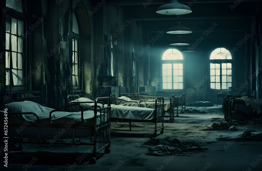 Dim light shining in a ghostly old hospital interior room with ...