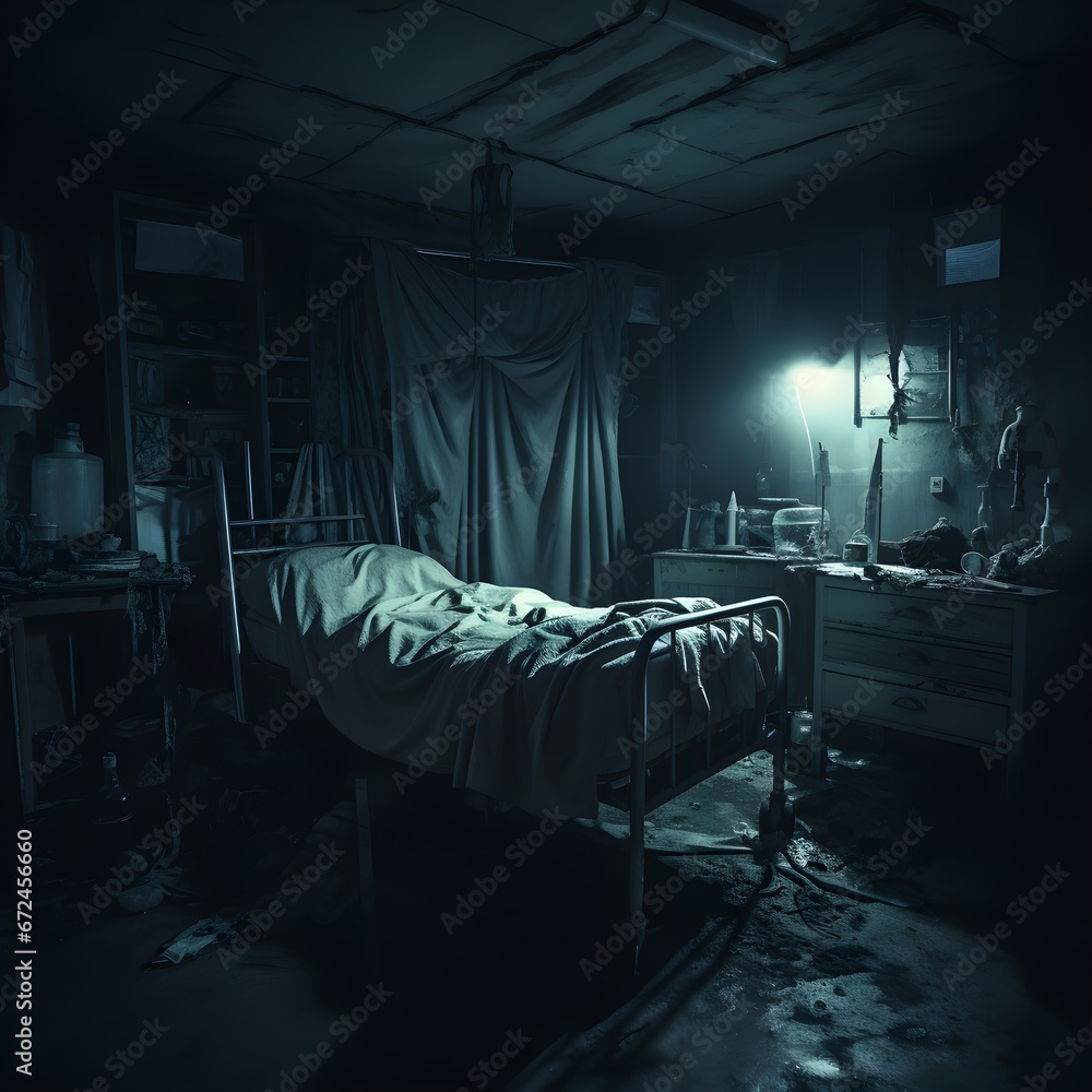 Dim light shining in a ghostly old hospital interior room with ...