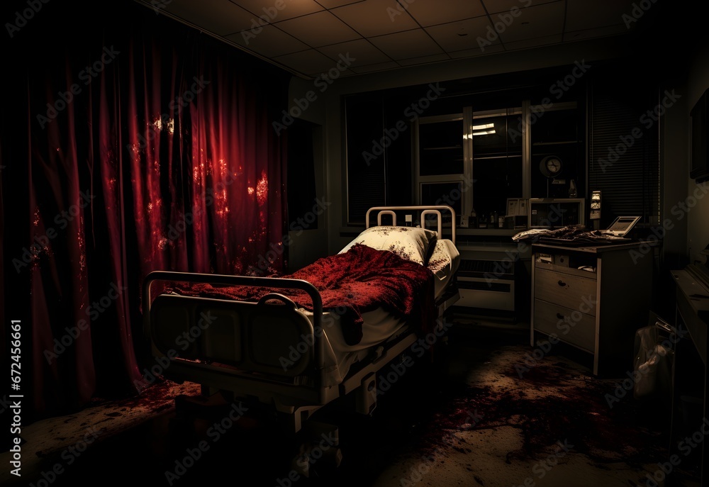 Dim light shining in a ghostly old hospital interior room with ...