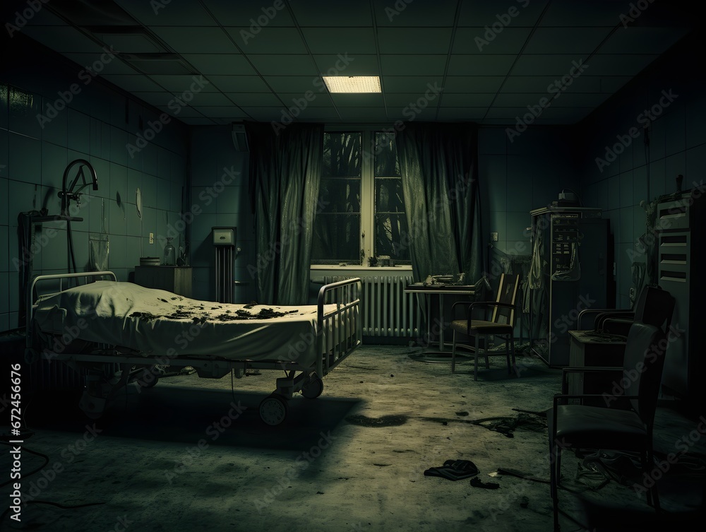 Dim light shining in a ghostly old hospital interior room with ...