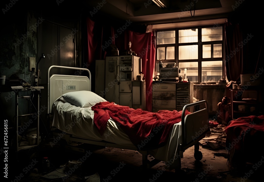 Dim light shining in a ghostly old hospital interior room with ...