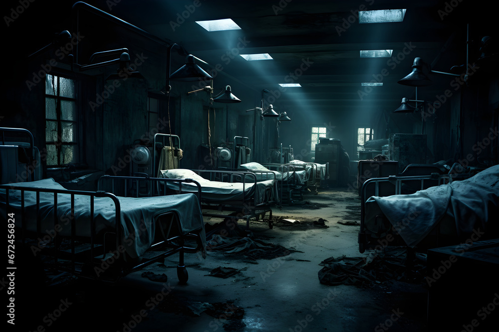 Dim light shining in a ghostly old hospital interior room with ...