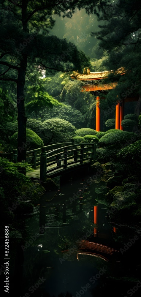 Realistic abandoned mysterious Japanese style garden, beautiful creepy ...