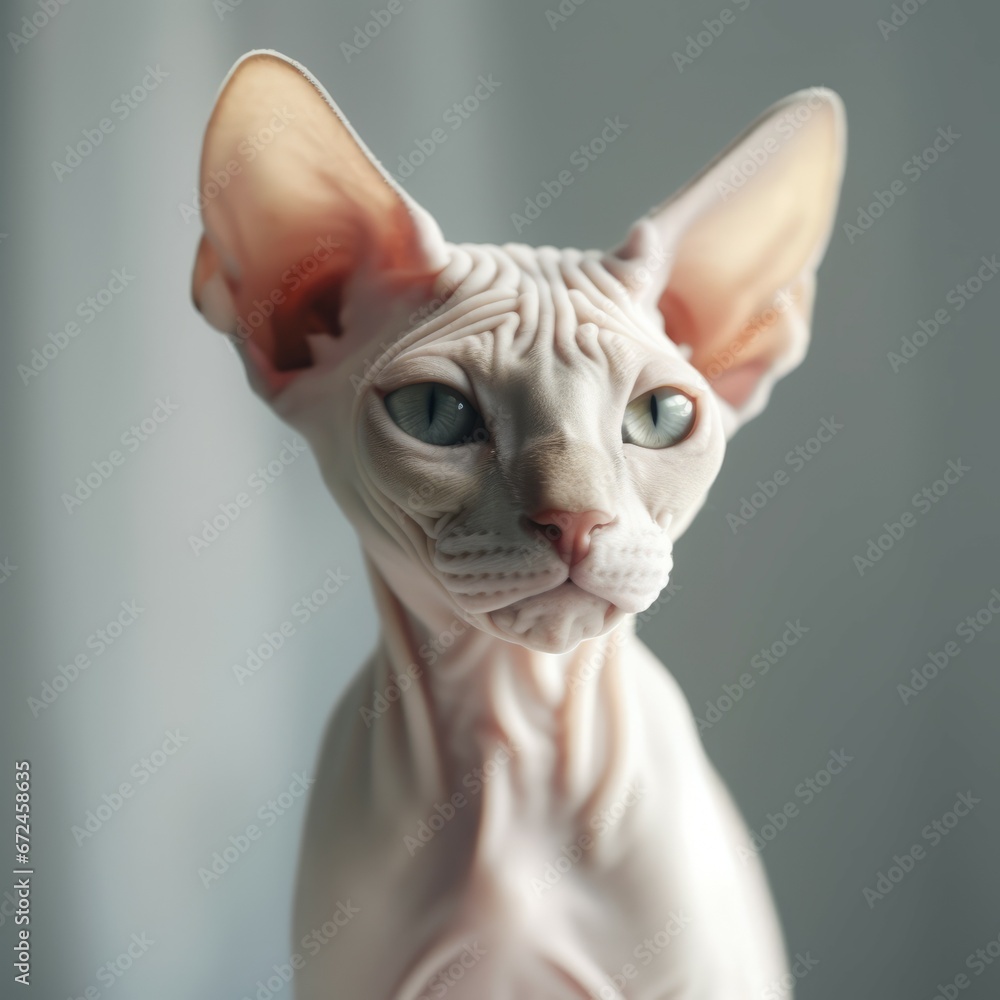 Portrait of a cute white Sphynx kitten looking forward. Closeup face of ...