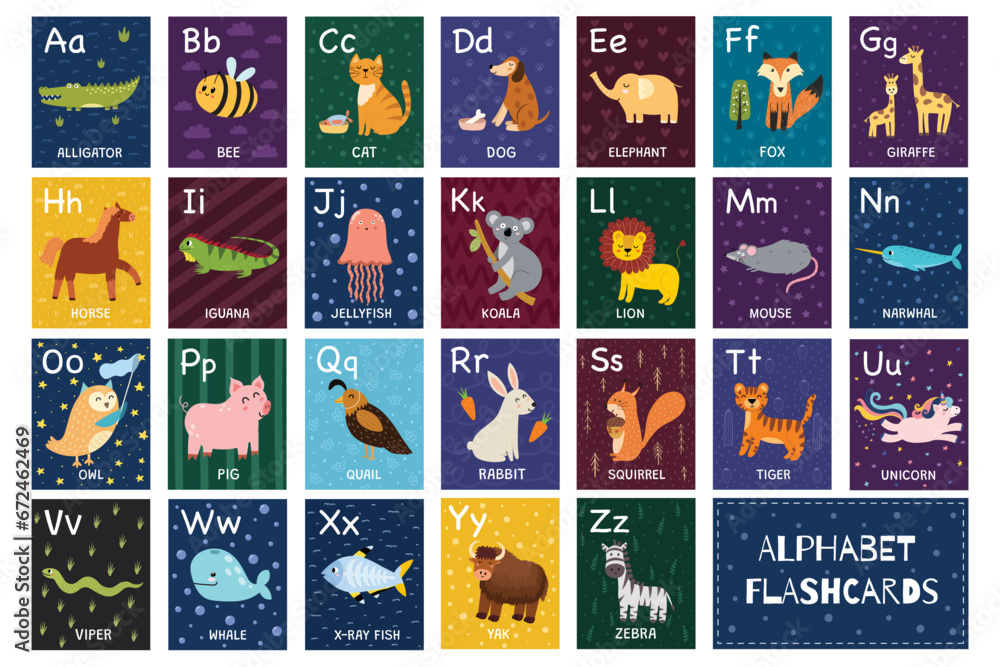 Alphabet flashcards collection with cute animals. ABC flash cards set ...