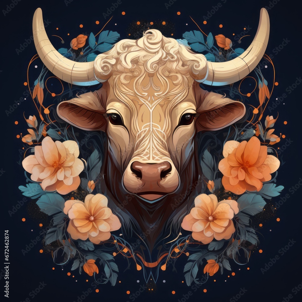 Taurus zodiac sign illustration. Bright art of a Bull's head, esoteric ...