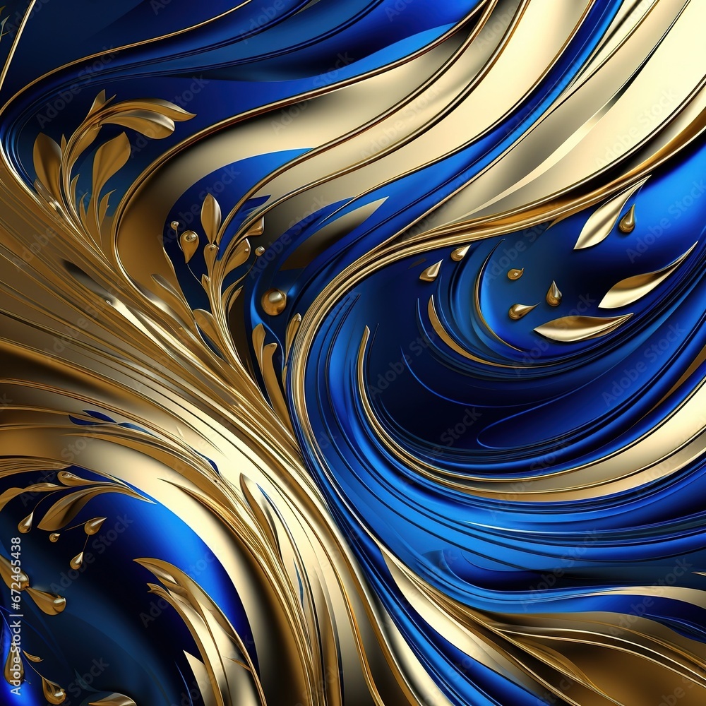 3d royal blue background with gold leaf relief. Golden filigree border ...