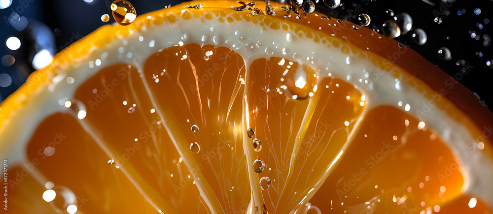 Close-up de refrescante rodela de laranja expirando suco cítrico e água ...
