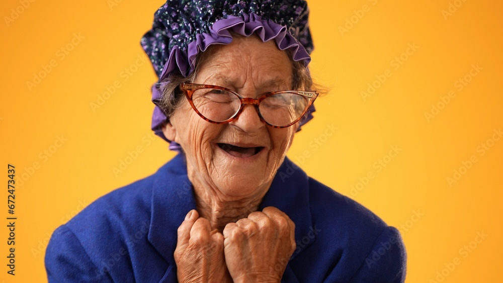 Closeup portrait of toothless elderly senior old woman with wrinkled ...
