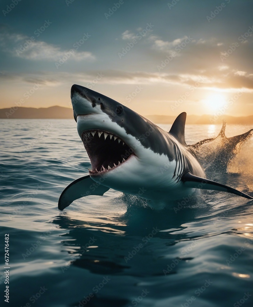Great white shark attacks just underwater surface. Wild angry shark jaw ...