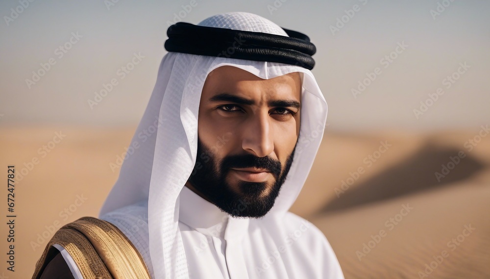 Middle aged Muslim man with a handsome face, dressed as a Saudi Arabian ...