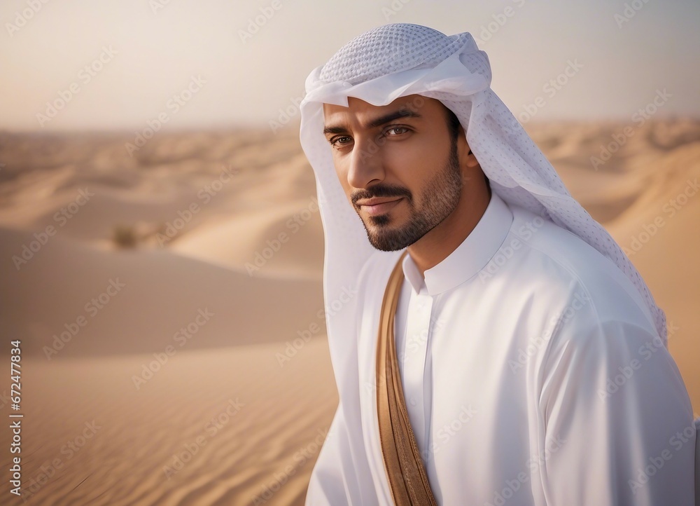 Middle aged Muslim man with a handsome face, dressed as a Saudi Arabian ...