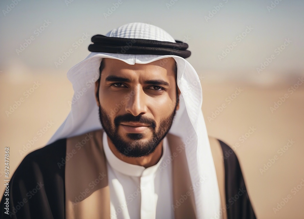 Middle aged Muslim man with a handsome face, dressed as a Saudi Arabian ...