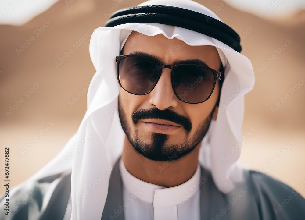 Middle aged Muslim man with a handsome face, dressed as a Saudi Arabian ...