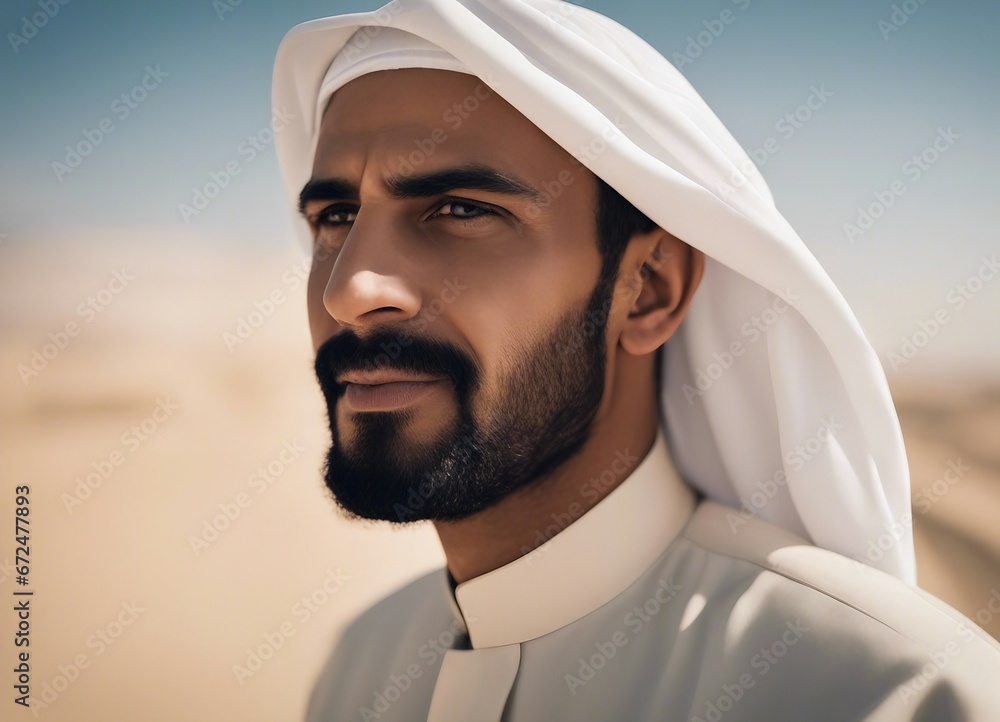 Middle aged Muslim man with a handsome face, dressed as a Saudi Arabian ...