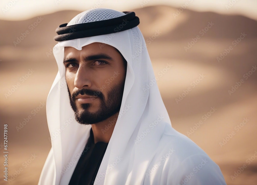 Middle aged Muslim man with a handsome face, dressed as a Saudi Arabian ...