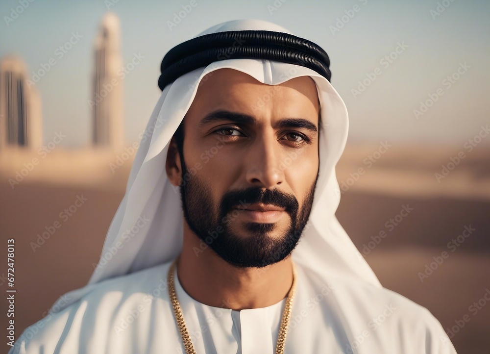 Middle aged Muslim man with a handsome face, dressed as a Saudi Arabian ...