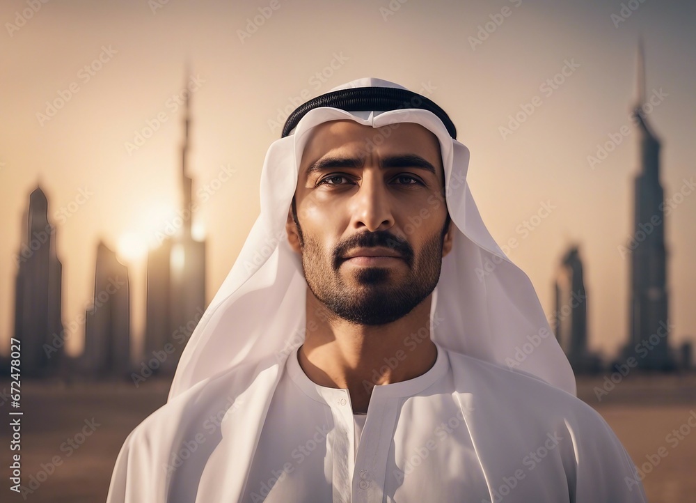 Middle aged Muslim man with a handsome face, dressed as a Saudi Arabian ...