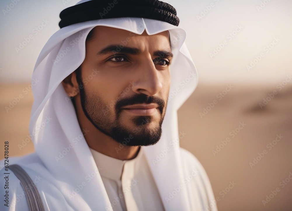 Middle aged Muslim man with a handsome face, dressed as a Saudi Arabian ...