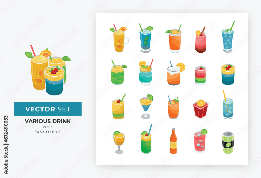 Various drink elements isometric set. Vector design collection menu of ...