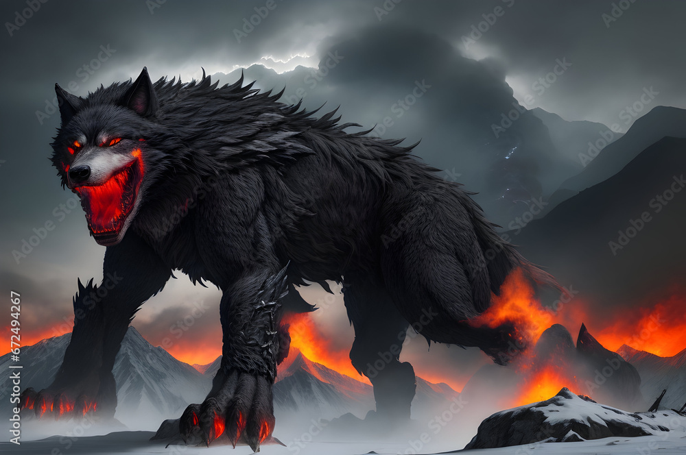 wolf in fire Giant Fenrir Breaking Chains, Firestorm in the Mountains ...