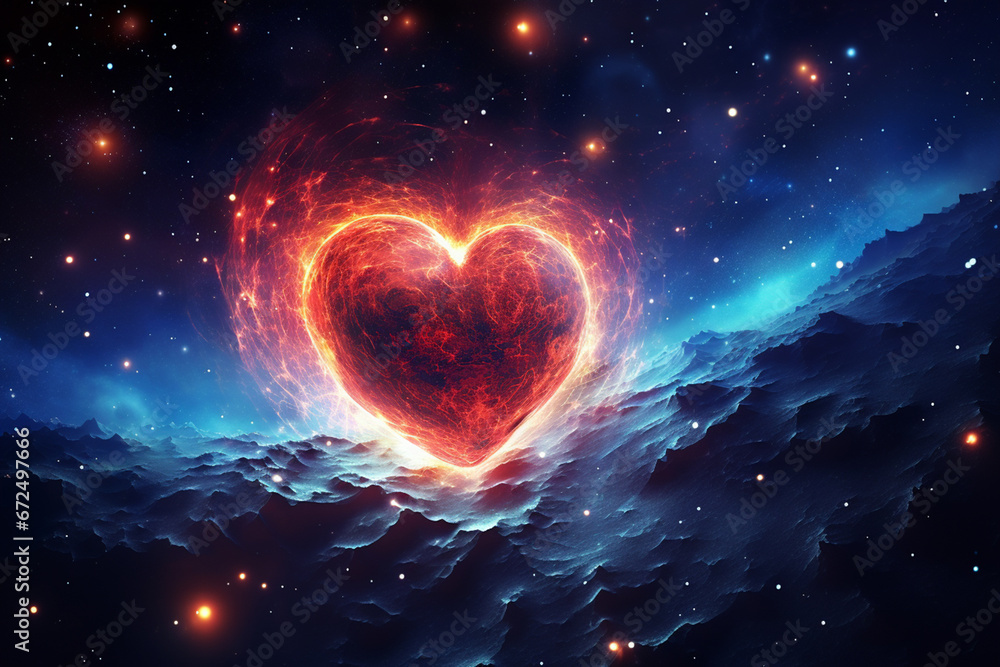 A 3D-rendered heart-shaped planet orbiting a cosmic nebula | conveying ...