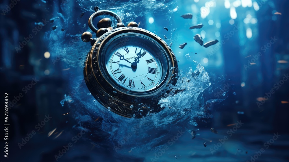 Dystopian clock submerged underwater, scenic scene with an aquatic ...