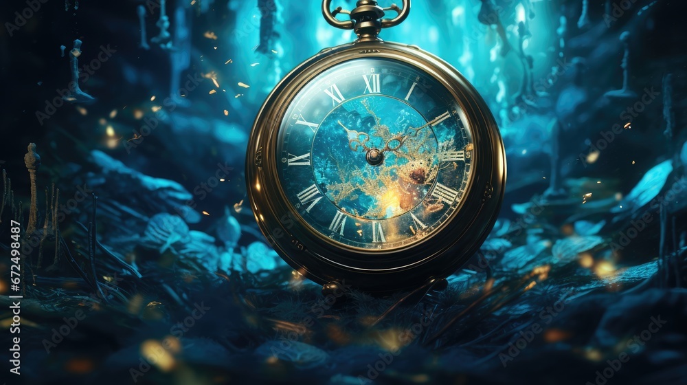 Dystopian clock submerged underwater, scenic scene with an aquatic ...