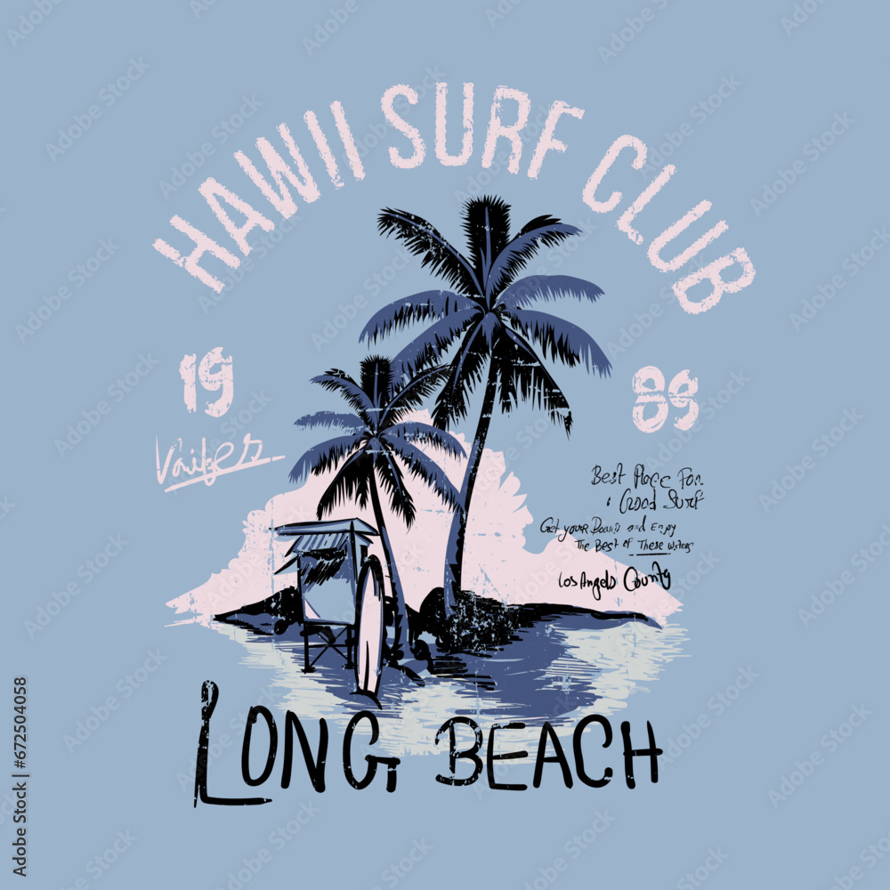 Hand Drawn summer long beach T-shirt graphic print design, surfing ...