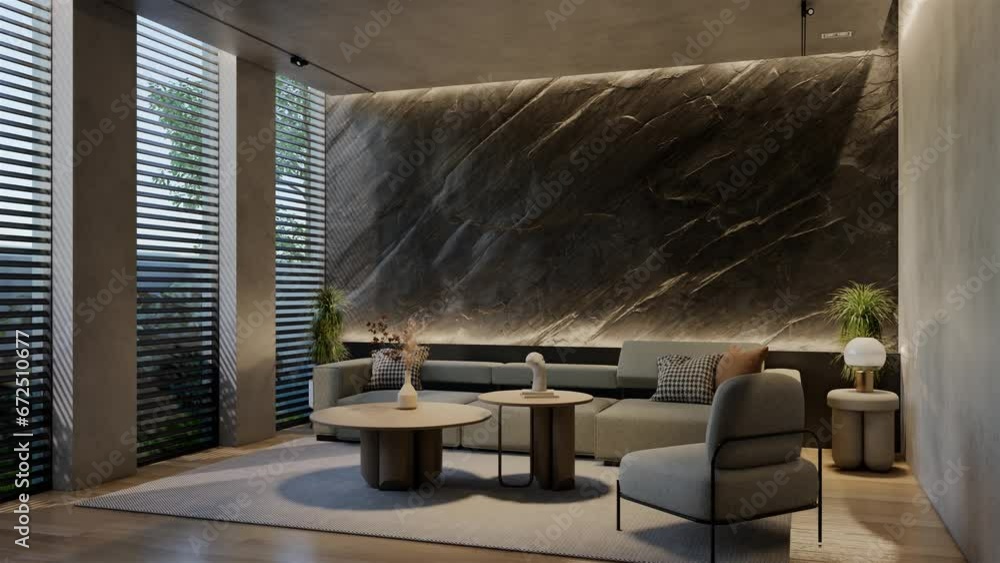 Modern living room 3D animation, contemporary interior design with ...