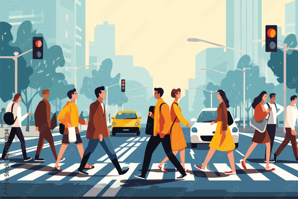 Character walking on zebra roadway crosswalk at traffic light, Cartoon ...