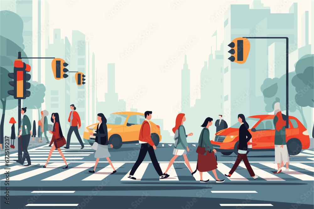 Character walking on zebra roadway crosswalk at traffic light, Cartoon ...