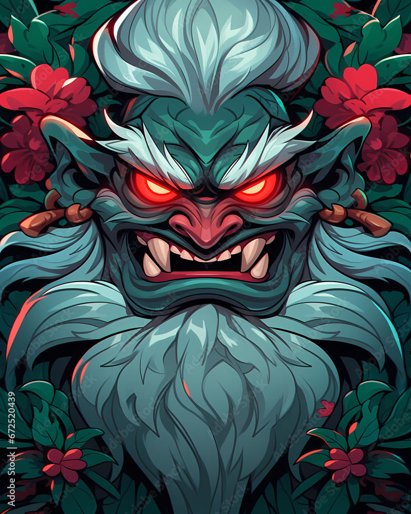 Santa in the form of a Japanese demon with red glowing eyes and fangs ...