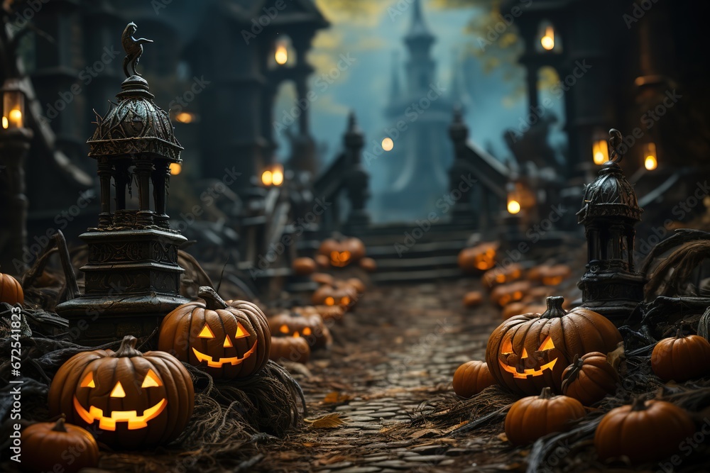 Wooden Haunted house with pumpkins. Full moon. Spooky Old house in ...