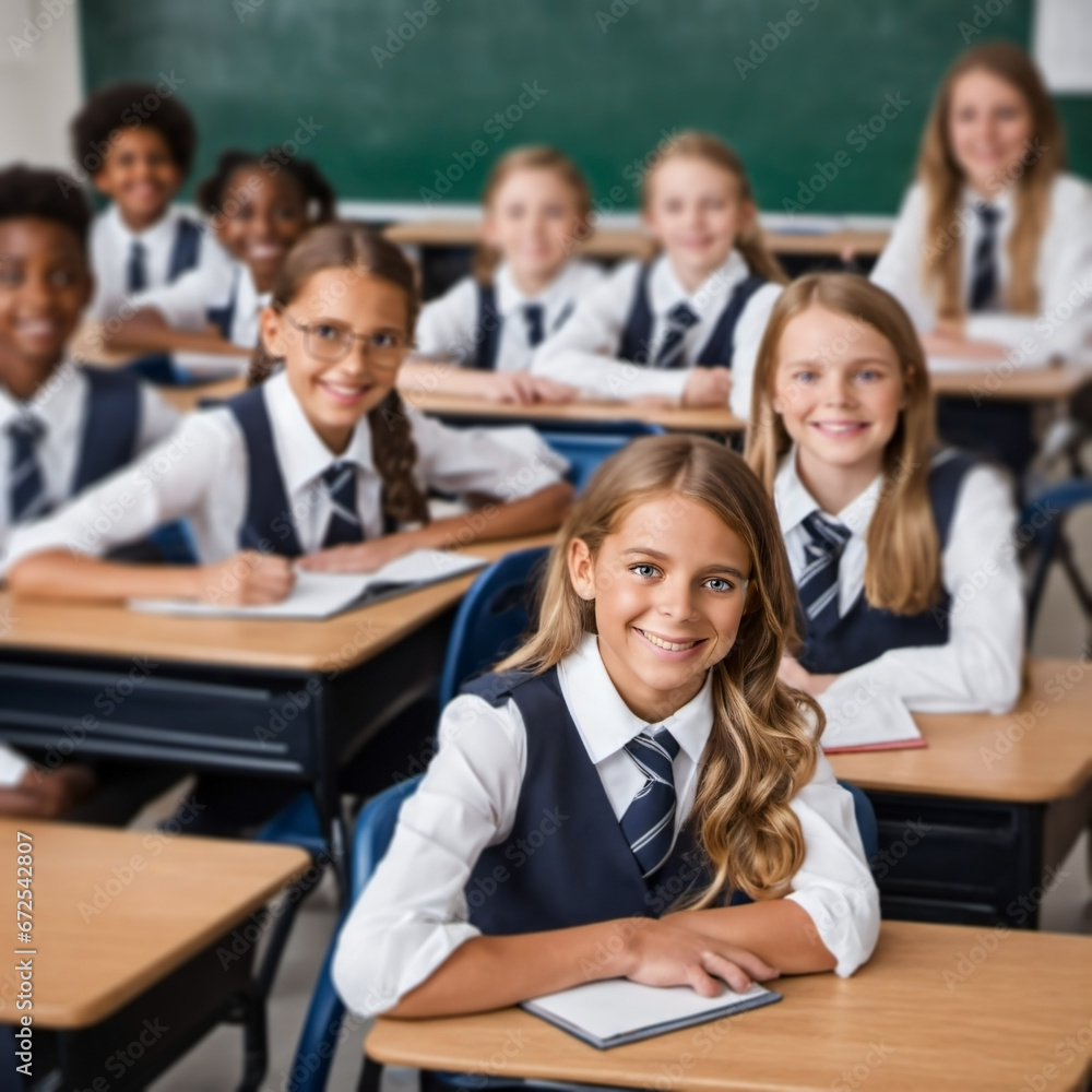 A diverse group of young students in a classroom, wearing uniforms ...