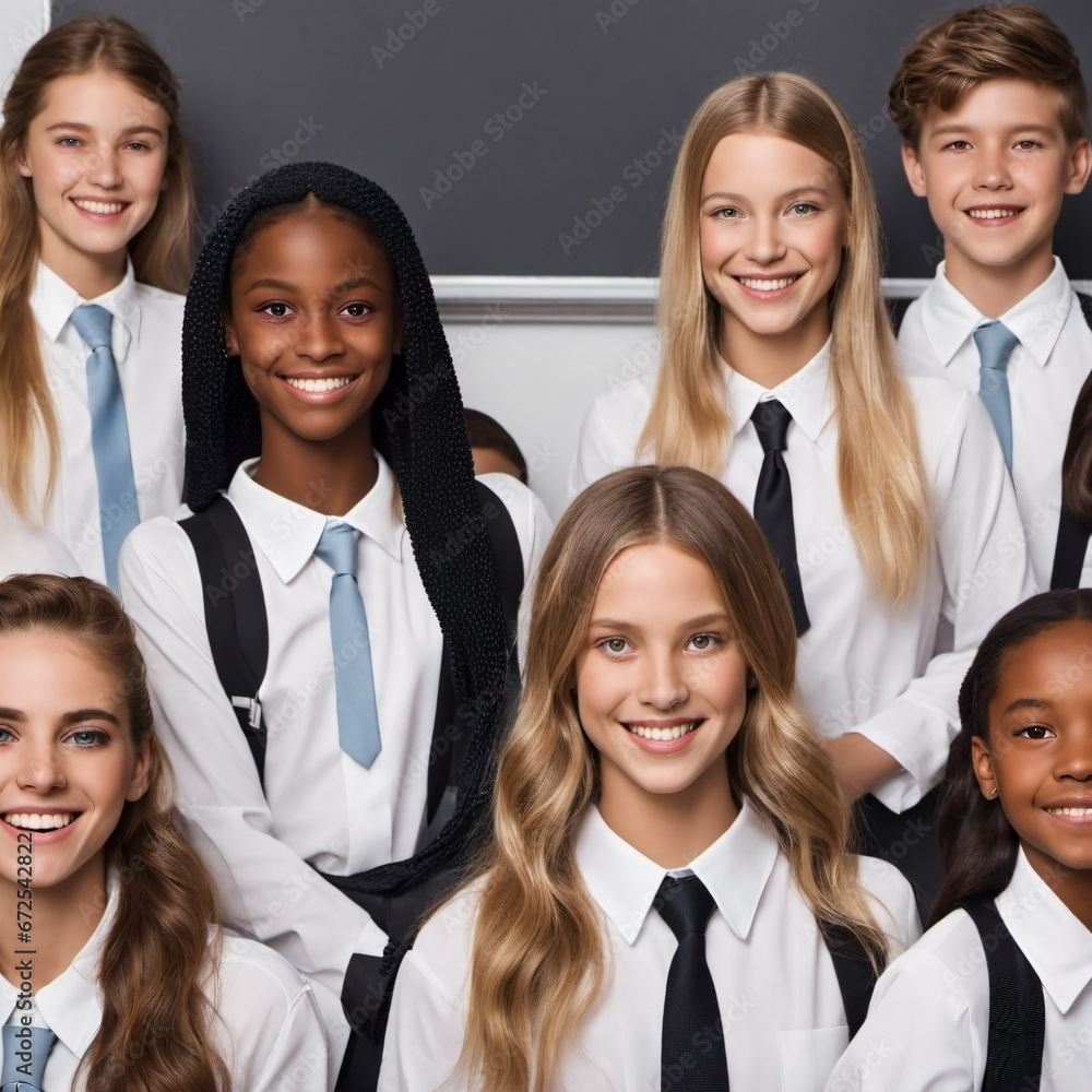A diverse group of young students in a classroom, wearing uniforms ...