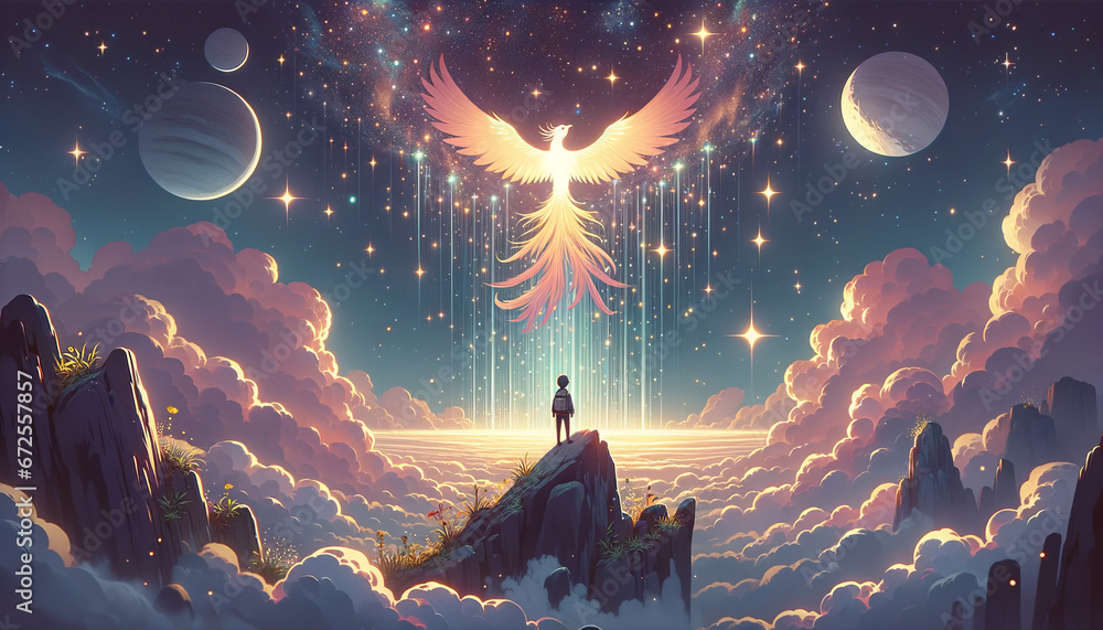 Animated art of a young explorer and a mystical phoenix, standing atop ...