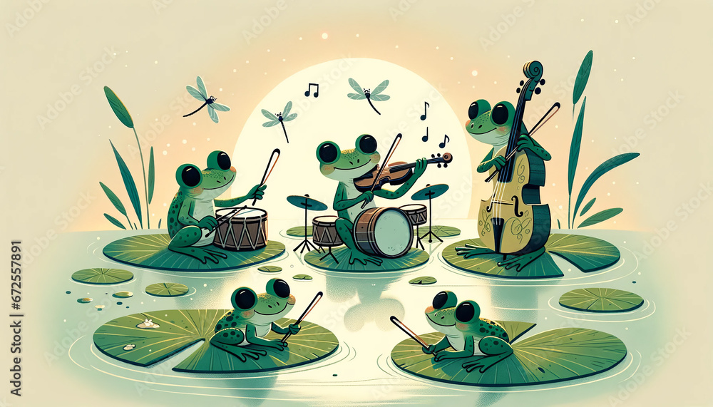 Illustration in a whimsical animated style of a group of frogs having a ...