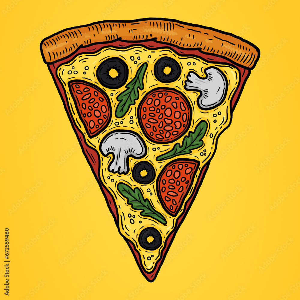 Cartoon pizza illustration square yellow background. Hand draw black ...