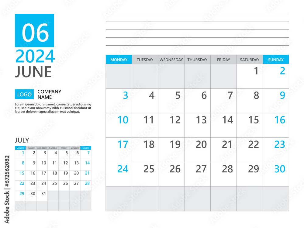June 2024 template, Calendar planner 2024, week start on Monday, Desk ...