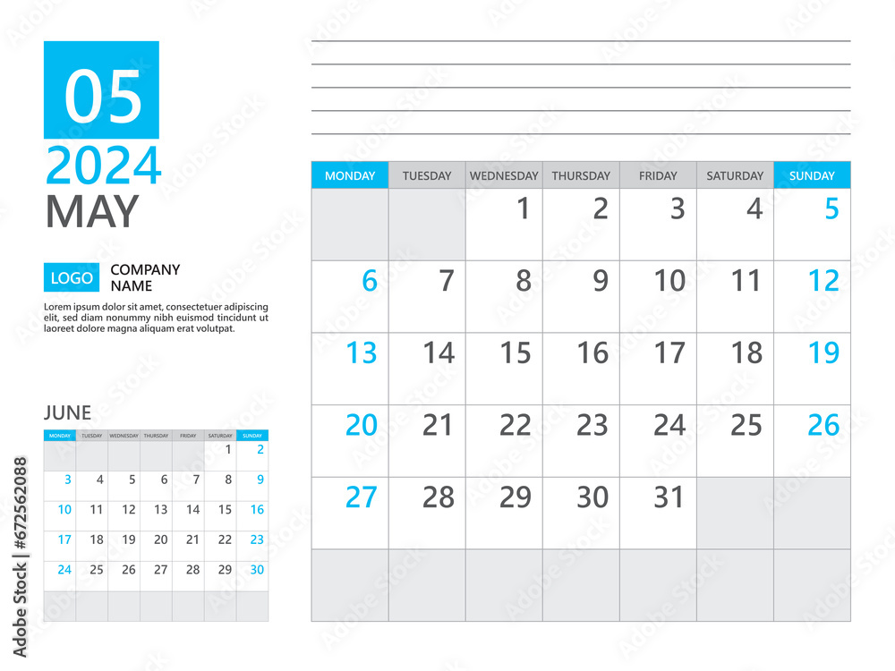 May 2024 template, Calendar planner 2024, week start on Monday, Desk ...