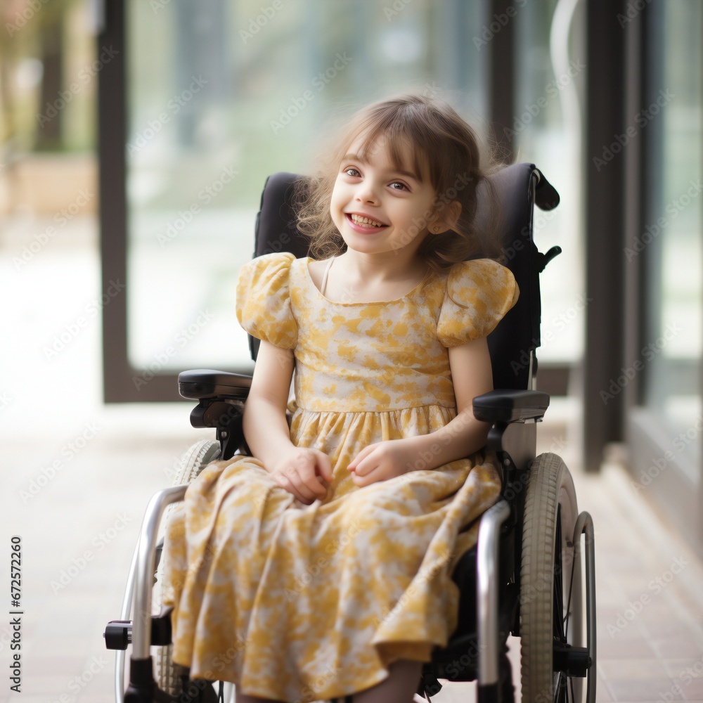 Portrait of a cute little disabled girl in a wheelchair. Child cerebral ...