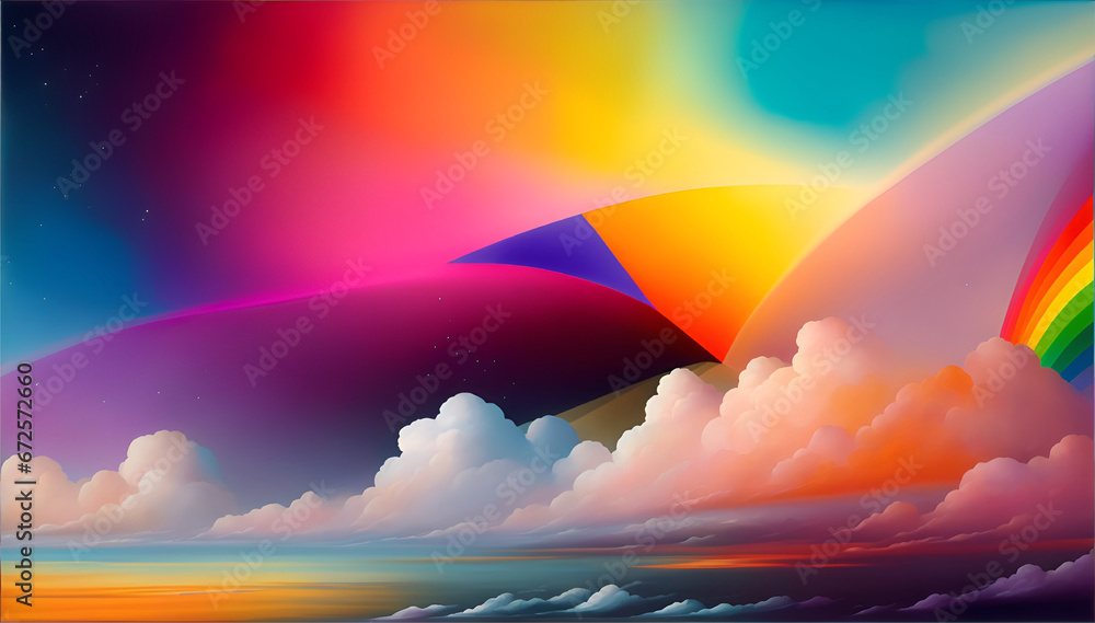 Inner Rainbow. This painting depicts a rainbow arcing across a cloudy ...