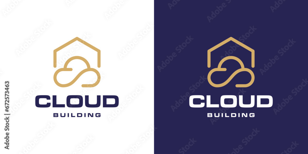 Cloud Building Technology Logo Monoline Style. Home Shape with Cloud ...