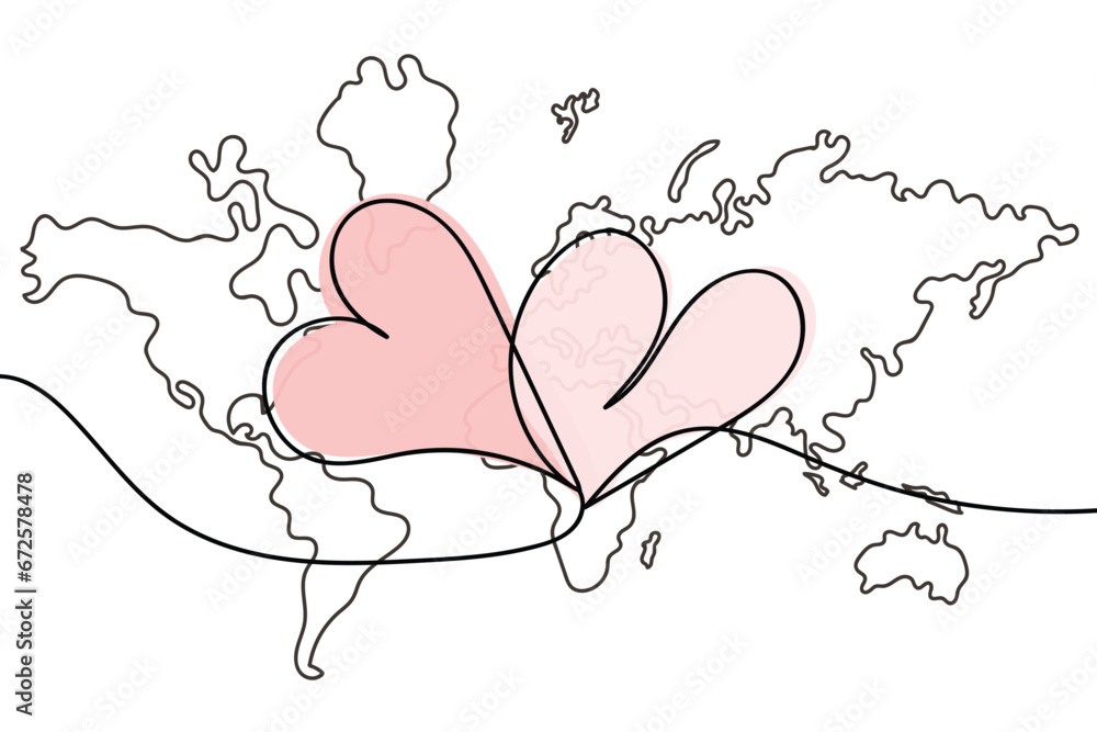 Continuous line drawing of heart on world map background, black and ...